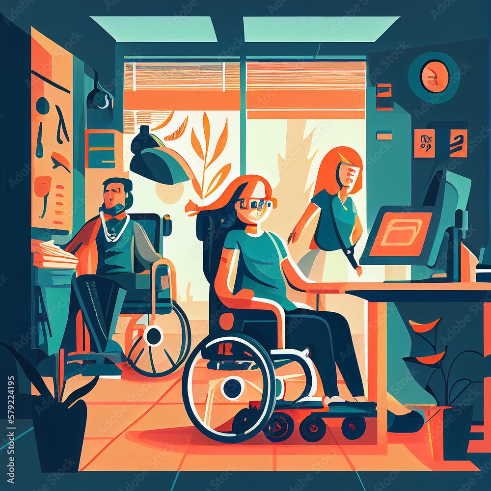 Disabled People in the Workplace: Flat Cartoon Illustration. Created ...