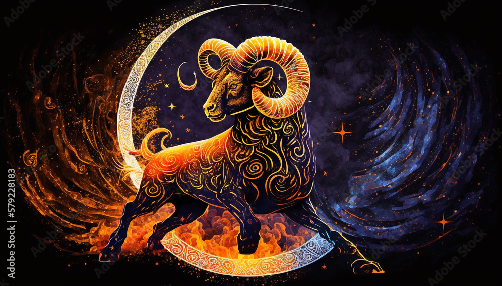 Zodiac Signs: Aries in Dynamic Pose, Bold Colors, Starry Sky, Conveys ...