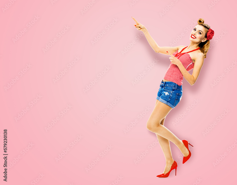 Full body portrait of happy smiling beautiful woman. Pin up girl show ...