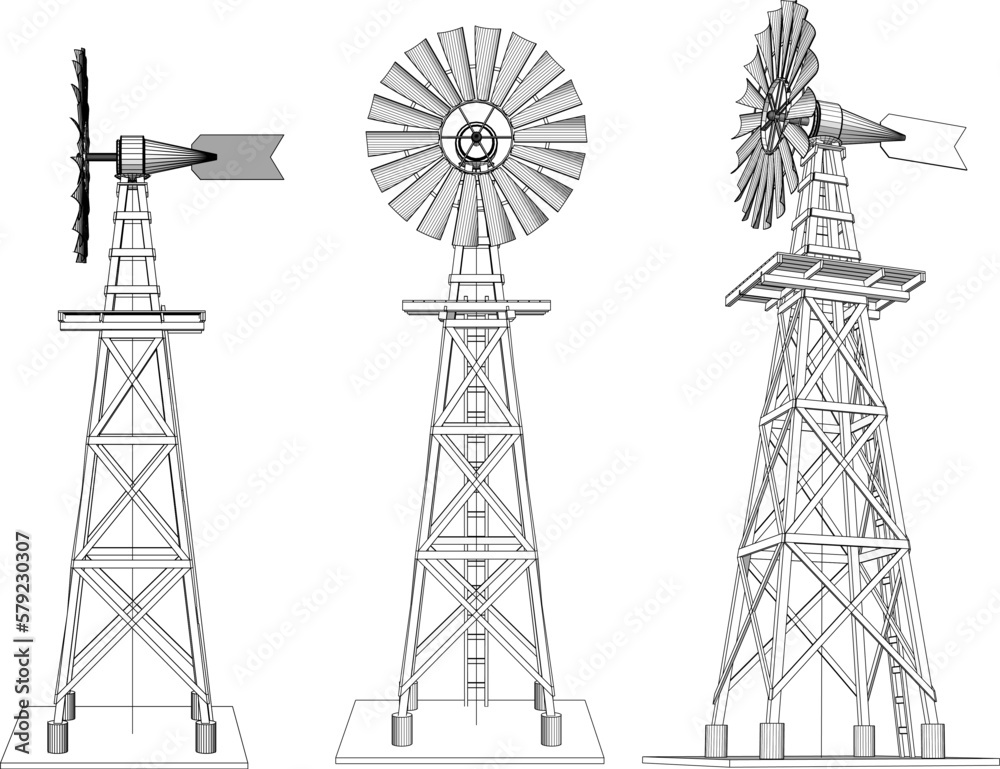 Vector sketch illustration of waterwheel tower for irrigation Stock ...
