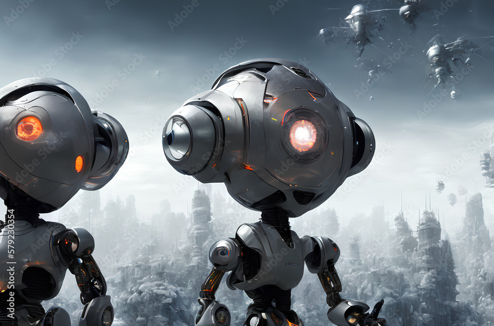 two robots in action, dominant robot, human slave, post-apocalypse ...