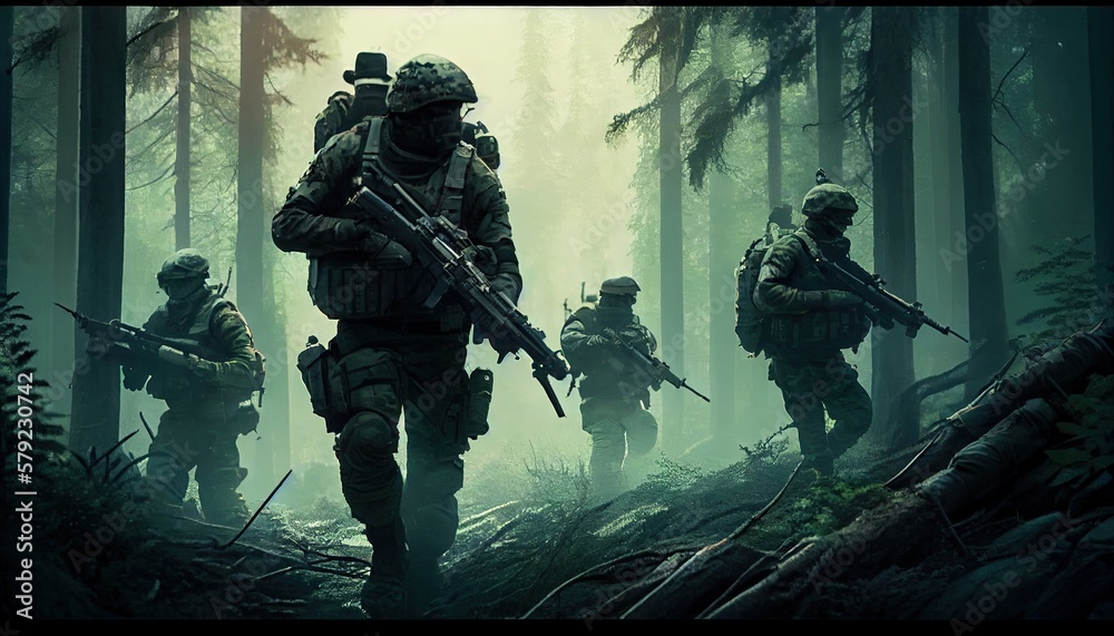 A group of army soldiers fighting with guns and defending their country ...