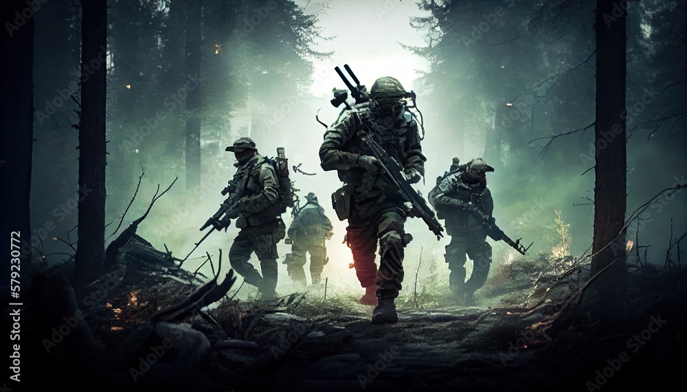 A group of army soldiers fighting with guns and defending their country ...