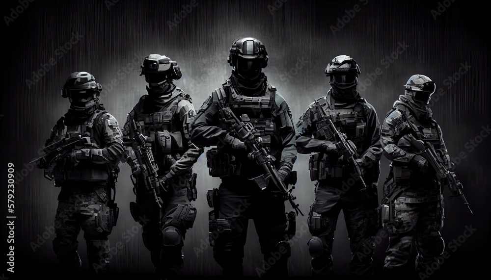 Armed special forces group on a dark background law and order ...