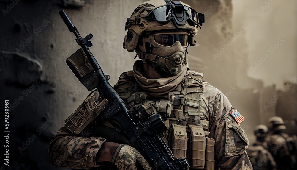 Elite unit special forces soldier in camouflage uniform posing with ...
