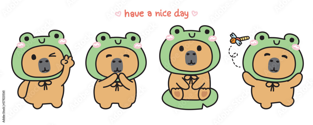 Set of cute capybara wear frog head costume in various poses on white ...