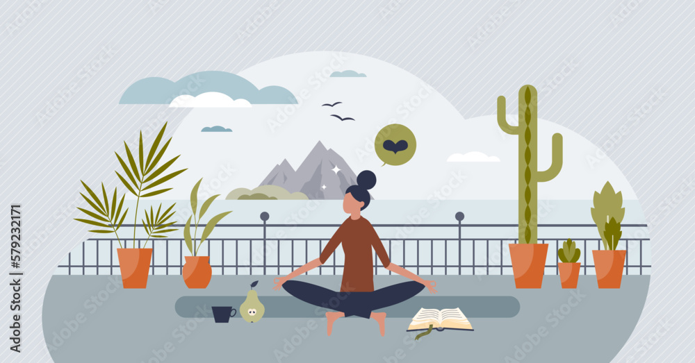 Health and wellness with mental balance and harmony tiny person concept ...