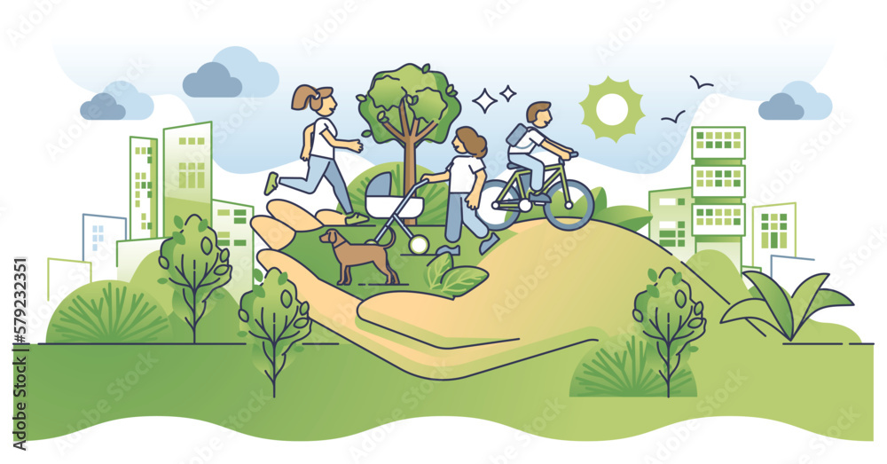 Community health and active lifestyle for social wellness outline concept. Sport exercise and ...