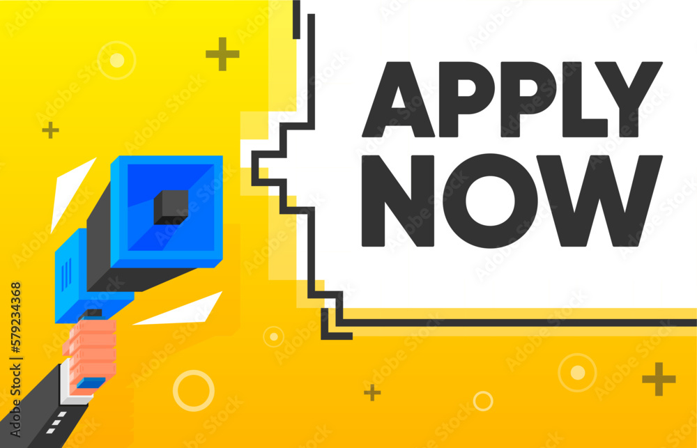 3D Hand holding megaphone with apply now speech. Loudspeaker calls to ...