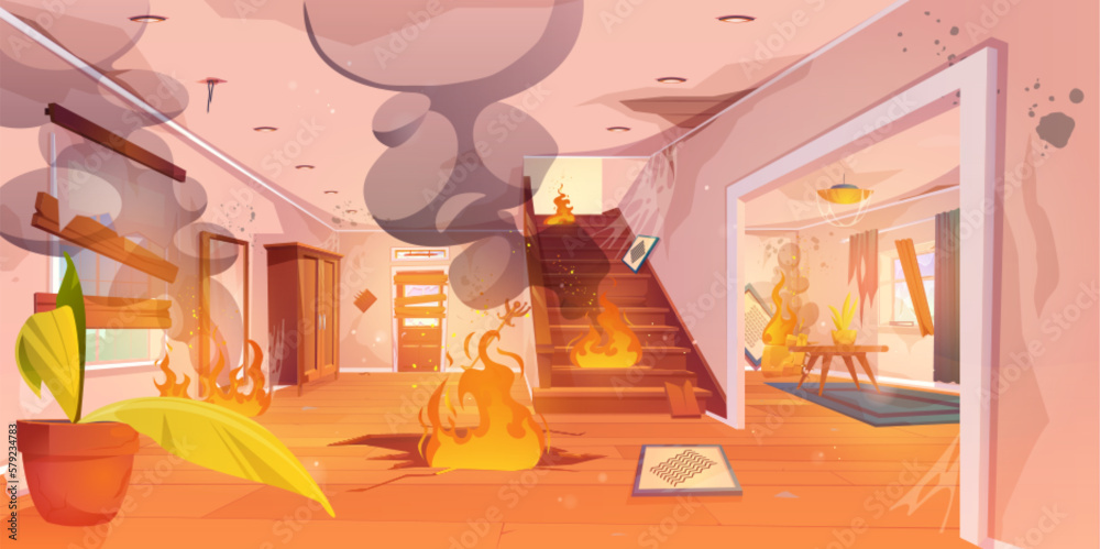 Burning fire inside home. Accident scene with flame and smoke in house ...