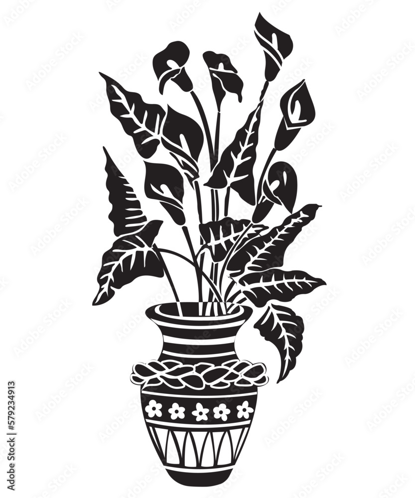 Vecteur Stock Jarrón de alcatraz. Alcatraces en florero silueta negra ...