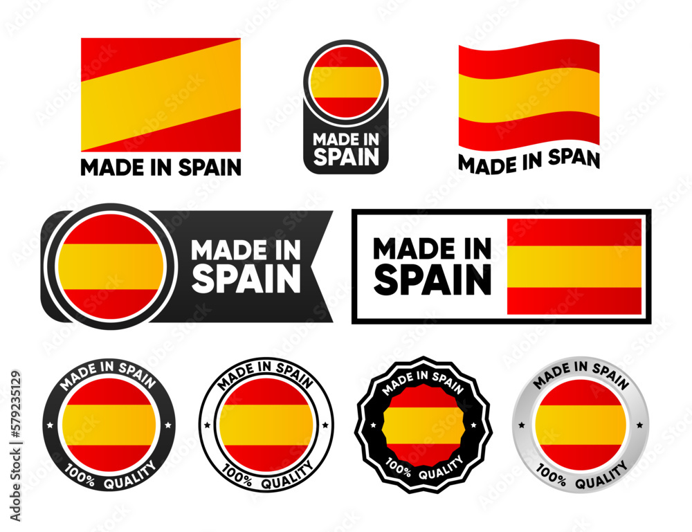 Made in Spain label collection. Set of flat isolated stamp made in ...