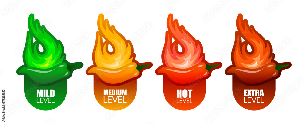 Spicy hot chili pepper. Label or sticker collection with flame and ...