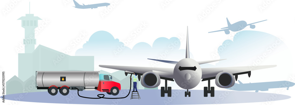 Refueling of the aircraft at the airport vector illustration, refuel an ...