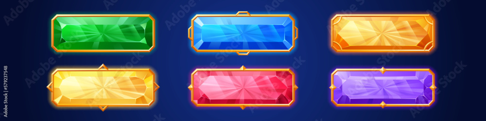 Game buttons from gems and gold frames. Ui interface elements, cute ...