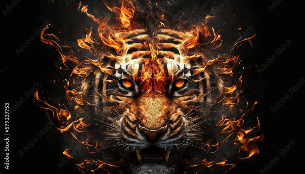 Flams burning in the shape of a tiger face illustrations, ai art Stock ...