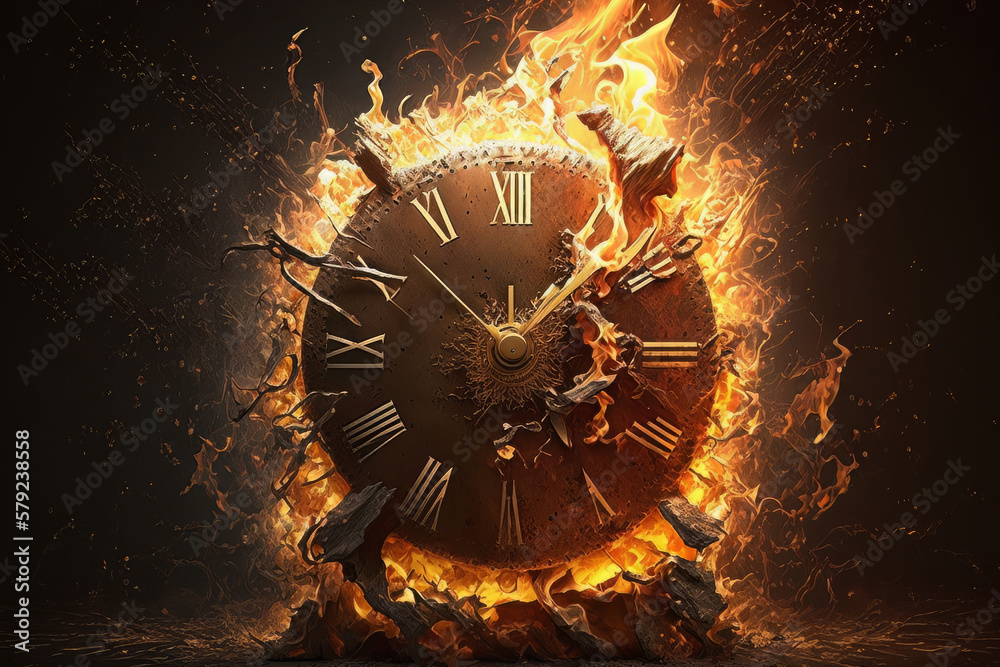 The burning clock face is a symbol of the fleeting nature of time. Let ...