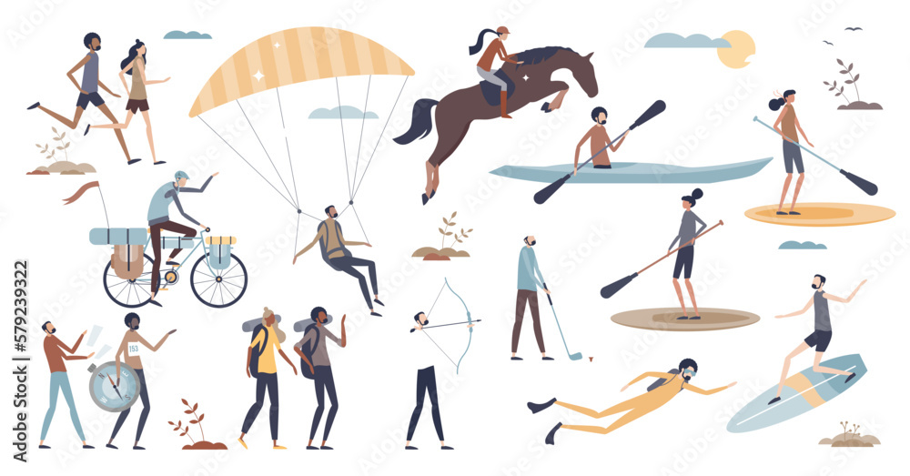 Sports set and various outdoor activities elements tiny person ...