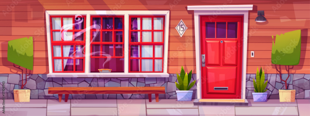 Cartoon house facade with red door and porch. Vector illustration of ...