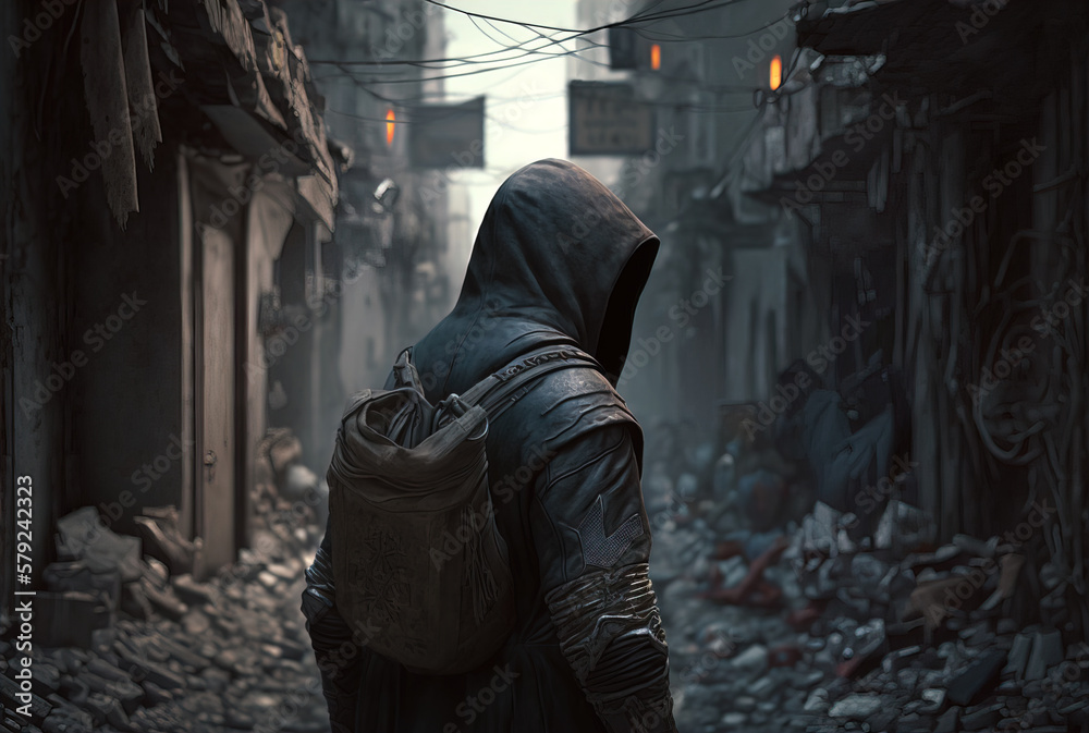 Stalker walks down the street of an abandoned city. Realistic digital ...