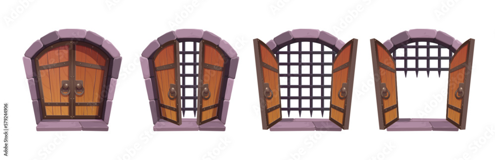 Medieval castle gates. Old wooden doors with stone brick arch and iron ...