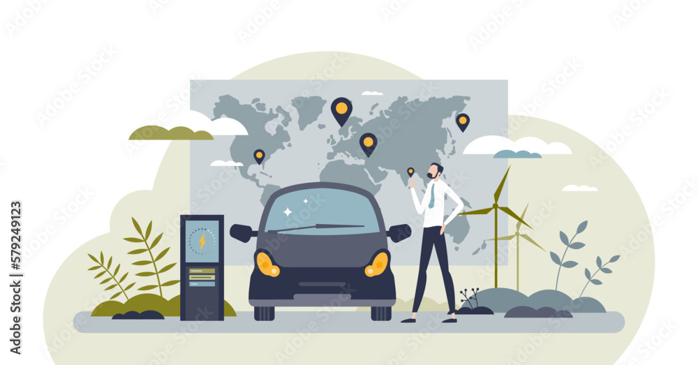 EV charging stations network with plug in recharge map tiny person ...