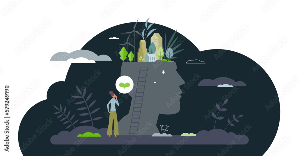 Green mindset and sustainable, ecological thinking tiny person concept ...