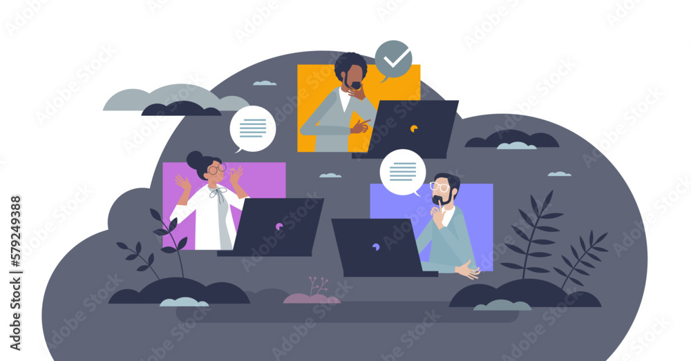 Remote collaboration and distant team communication tiny person concept ...