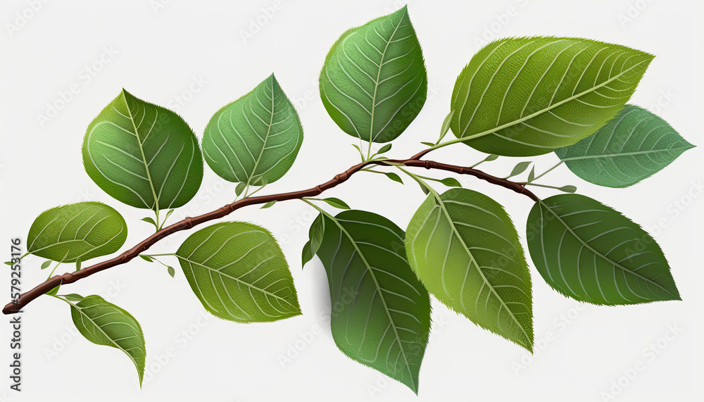 Tree branch with green leaf isolated white background for object 4 and ...