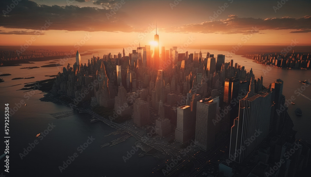 Photography of Skyline at sunset and 4k birds' eye view in new york ...