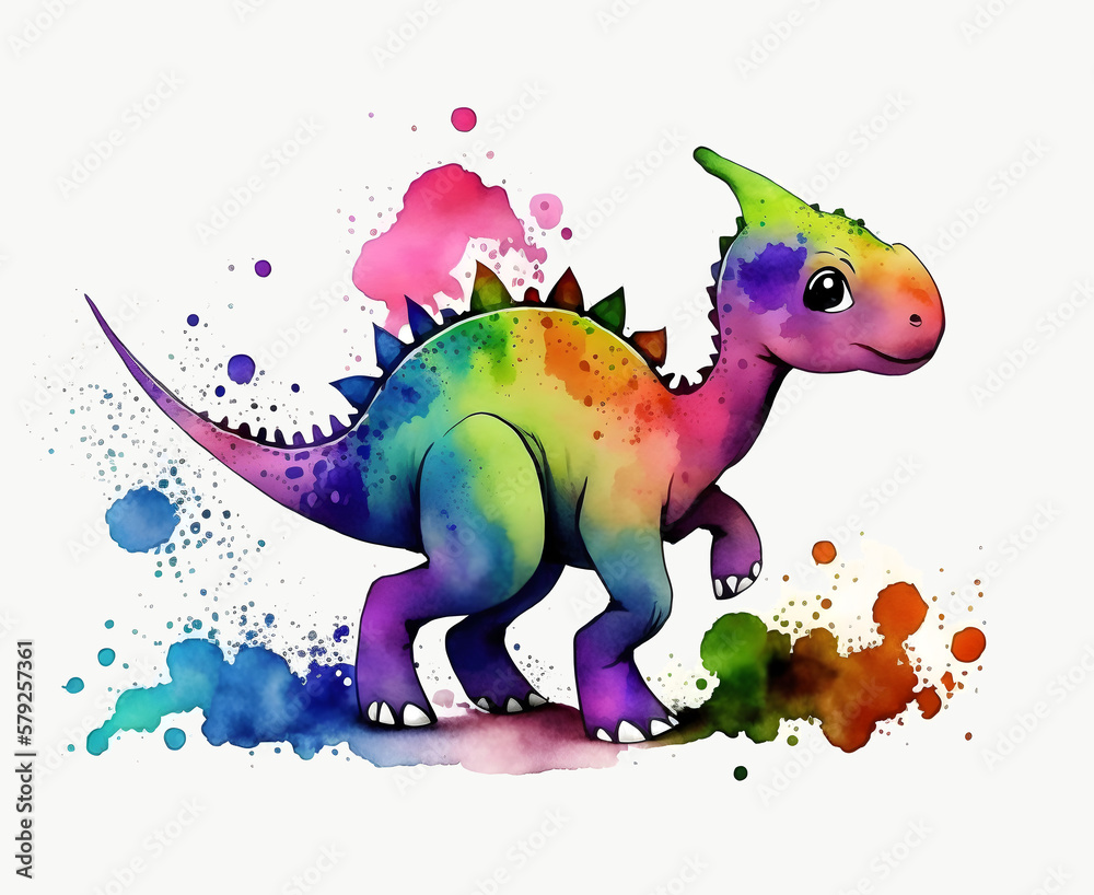 Cute cartoon baby Parasaurolophus in bright splashes of color ...