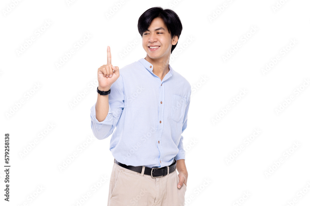 Attractive young smart Asian man pointing up with his finger isolated ...