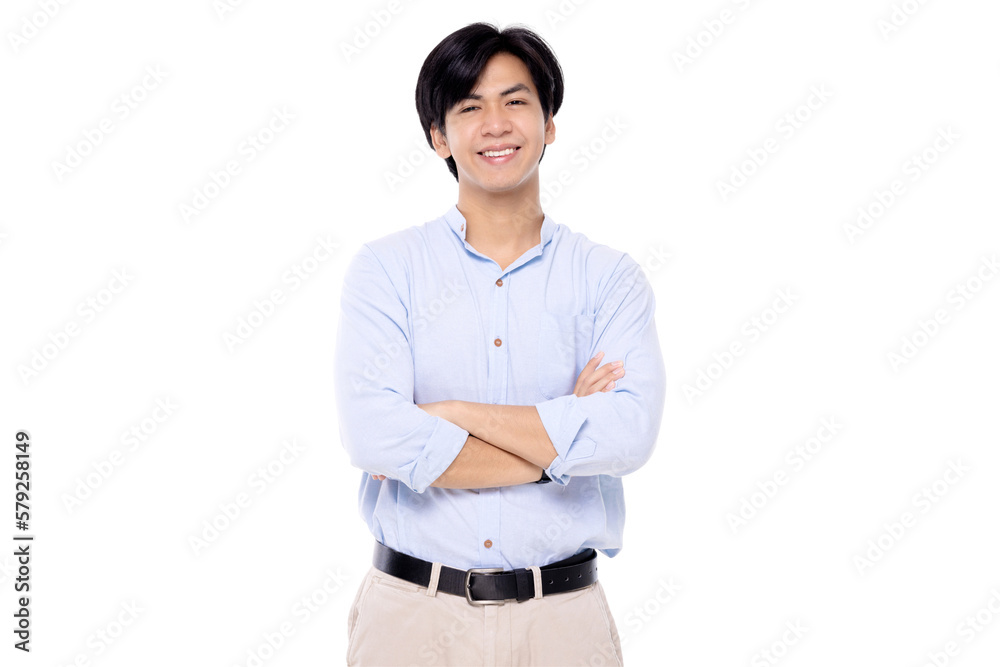 Attractive young smart Asian man crossing arms isolated on transparent ...