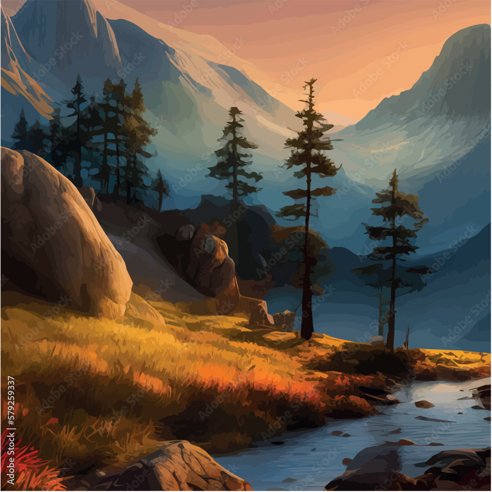 Cartoon landscapes. Beautiful mountains with forest on background sky ...