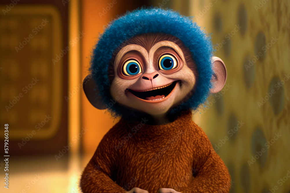 Cartoon monkey with blue hair is smiling. Generative AI. Stock ...