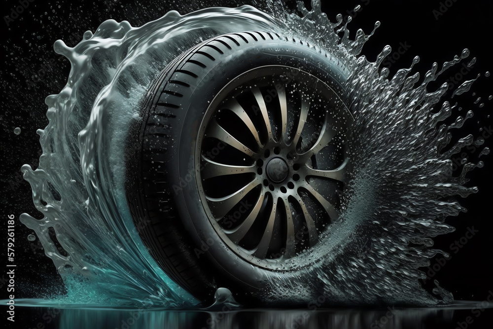 Drawing tire in water splash. Wet road safety concept. Generative AI ...