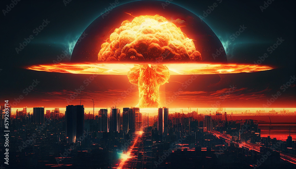Nuclear bomb explosion over a modern city during world war. Stock ...