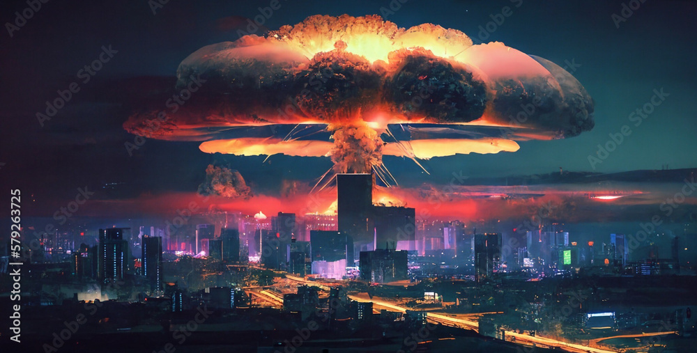Painting of nuclear bomb explosion over a cyber city with skyscrapers ...