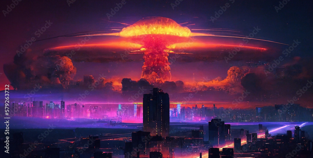 Painting of nuclear bomb explosion over a cyber city with skyscrapers ...