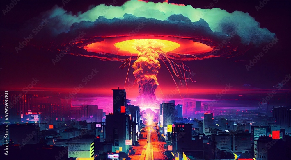 Painting of nuclear bomb explosion over a cyber city with skyscrapers ...