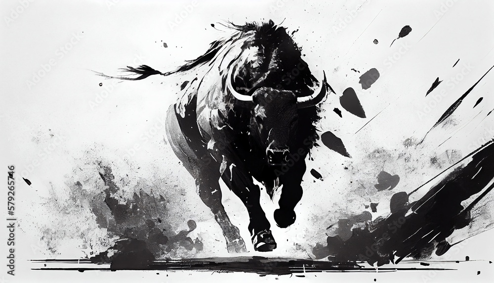 a painting drawing of aggressive buffalo bull by watercolor dark style ...