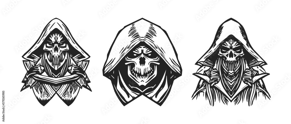 Vector set of scary black and white stencil skulls in hoods. Portraits ...
