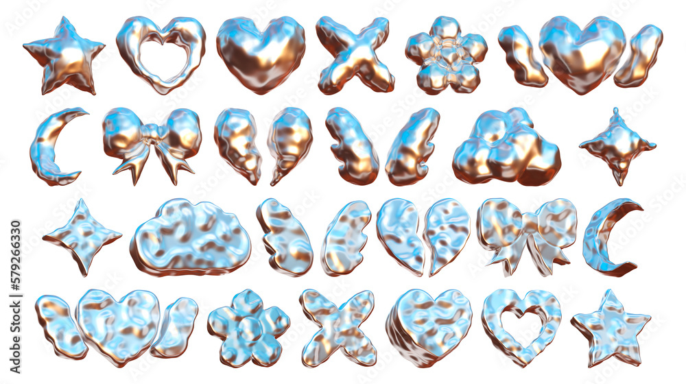 3d rendering illustration - Set of chrome Y2K elements. Trendy elements ...