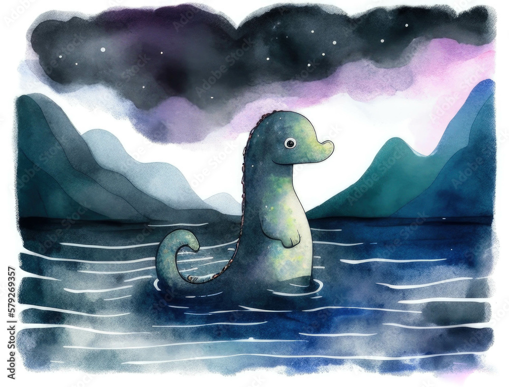 A mysterious Loch Ness Monster rising out of the dark waters. Cute creature. AI generation ...