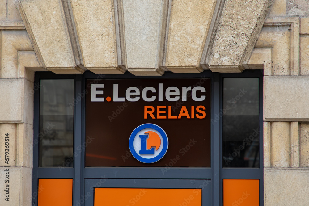 E.leclerc relais text brand and logo sign relay on building facade shop ...