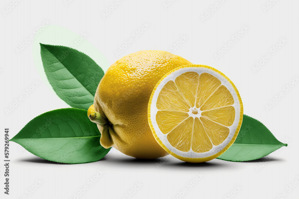 Lemon isolated on white background. Whole and half lemon with leaves ...