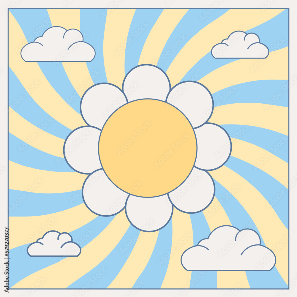 Sunflower in the sky with wavy sun rays, groovy poster in 1970s style ...