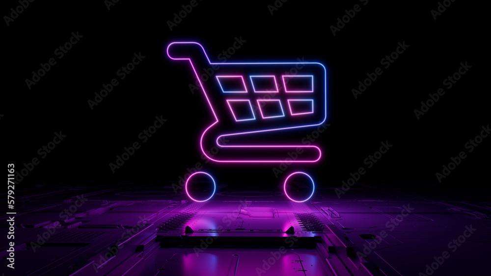 Pink and Blue neon light shopping icon. Vibrant colored Ecommerce ...