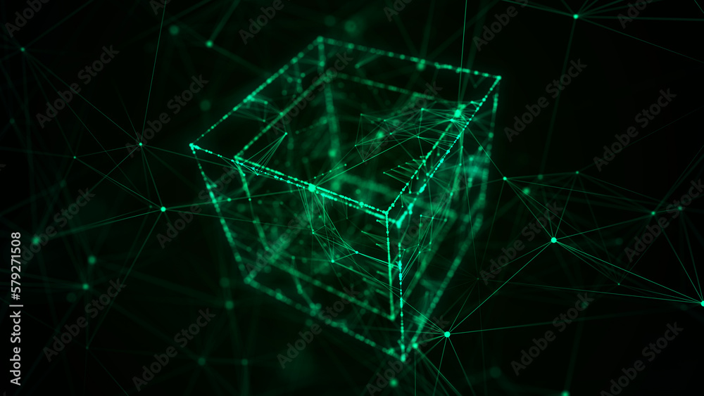 ภาพประกอบสต็อก Futuristic cube with connected particles in cyberspace ...