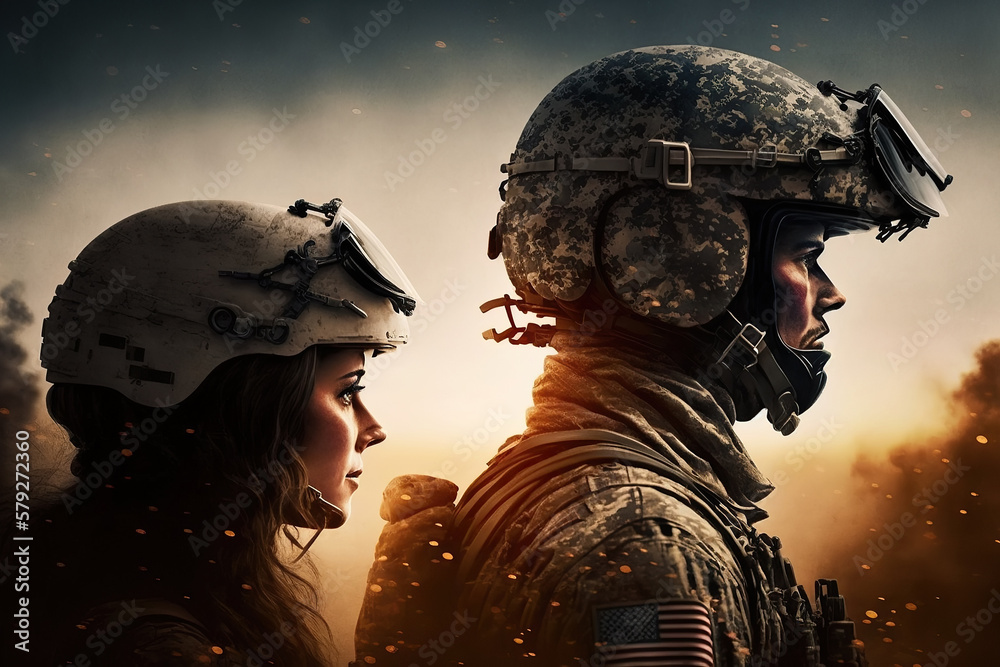 portrait of two soldiers man and woman in helmets and modern ammunition ...